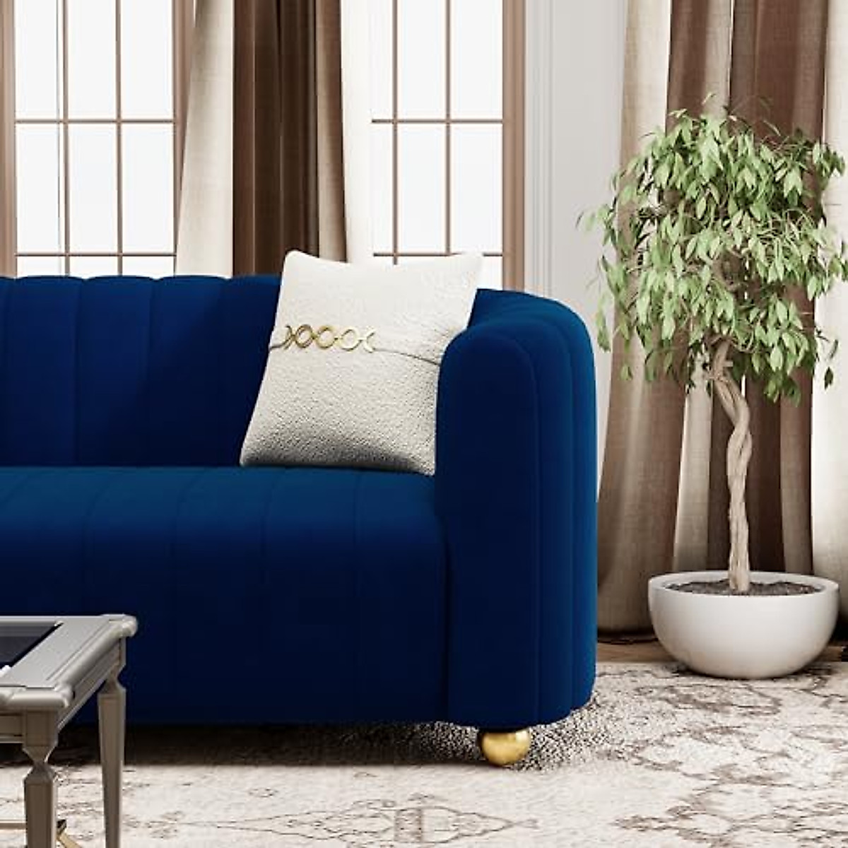 yunqishi KEAI 83.46" Velvet Couch for Living Room Large Modern Sofa with Gold Metal Sphere Legs Office Upholstered Comfy 3 Seater Couches Cute Sherpa Bedroom Furniture (Blue)
