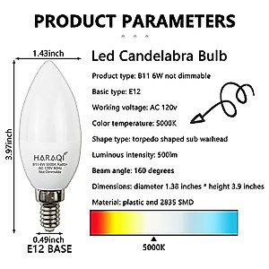haraqi 6 Pack 6W 120V E12 Base B11 LED Filament Candle Light Bulb, 5000K Daylight White Light, 60W Equivalent Decorative Chandelier Bulbs for Ceiling Fan Lights, Pendants, Fireplace