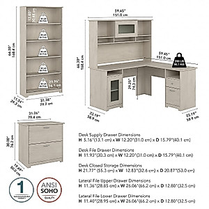 Bush Furniture L Shaped Desk with Hutch, 5 Shelf Bookcase and Lateral File Cabinet | Cabot Collection Corner Computer Table with Storage and Bookshelf | 60Wx23DX37W