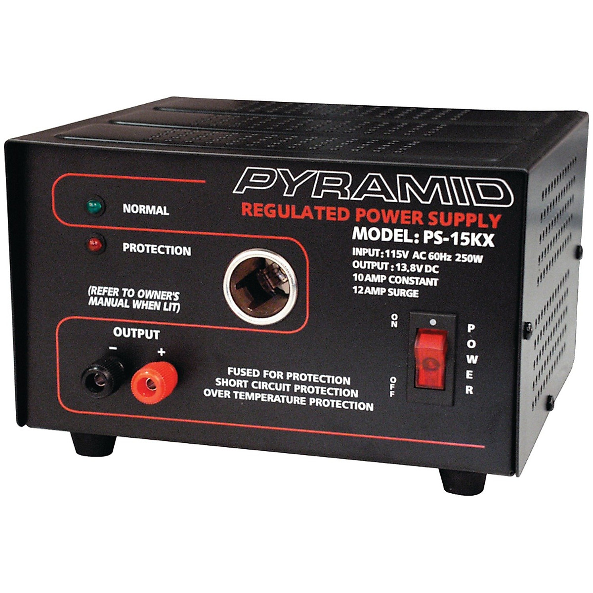 Pyramid Universal Compact Bench Power Supply - 10 Amp Linear Regulated Home Lab Benchtop AC-to-DC Converter w/ 13.8 Volt DC 115V AC 250W Input, Screw Type Terminal, 12V Car Cigarette Lighter - Pyramid PS15K