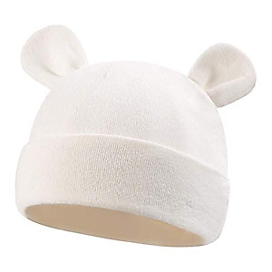 Duoyeree Baby Hat Newborn Hat Adorable Cotton Bear Ear Beanie Cap for Infant Girl Boy 0-6 Months, White
