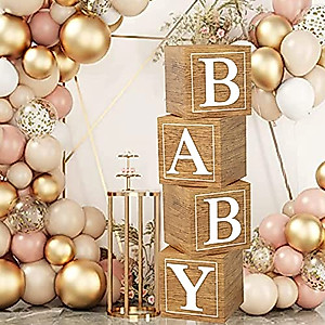 Baby Shower Boxes Birthday Party Decorations - 4 Wood Grain Brown Stereoscopic Blocks with BABY Letter,1st Birthday Balloon Boxes,Teddy Bear Boys Girls Baby Shower Supplies, Gender Reveal Backdrop