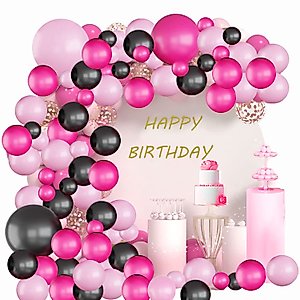 Black Pink Rose Red Balloon Arch Kit-106 Pcs Roes Red Pink Black Confetti Balloons for Girls Women Oh La La Baby Shower Birthday Paris Theme Party Supplies