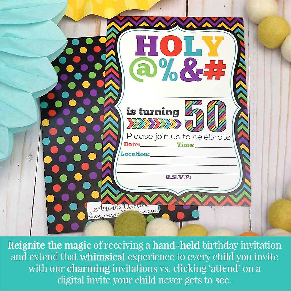 HOLY @% 50th Birthday Party Invitations, 20 Funny 5x7 Fill In Cards with Twenty White Envelopes for Milestone Birthdays by AmandaCreation