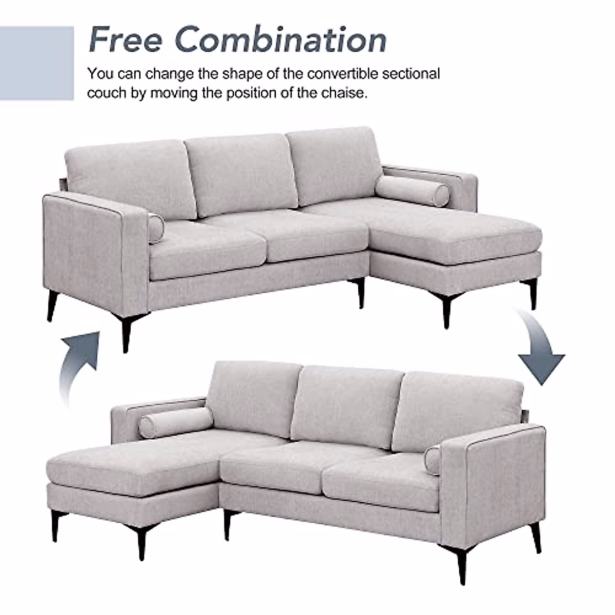 KoiHome 86" Convertible Sectional 2 Pillows, Modern Chenille L-Shaped Couch with Reversible Chaise Lounge, 3-Seater Sofa, Fit for Living Room,Office,Apartment, Polyester, Beige