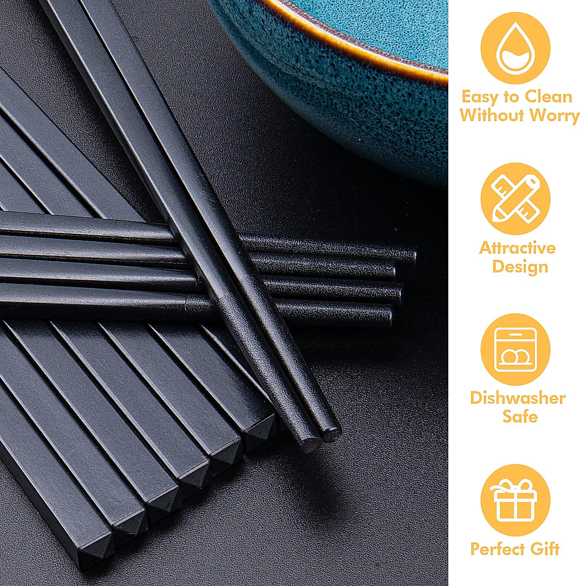 Chopsticks,LIANGKEN 5 Pairs Dishwasher Safe Fiberglass Chopsticks Set,9.5 Inch Reusable Japanese Chinese Chopsticks , Non-Slip, Easy to Use (colorful ) (9.5 inch, pure black)