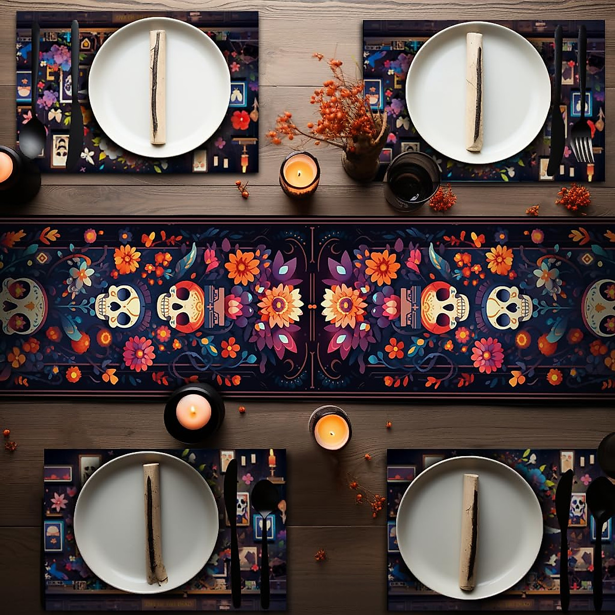 Day of The Dead Halloween Placemats Mexican Style Table Mats Colorful Flower Skull Table Placemat Dinner Mats for Dia De Los Muertos Halloween Home Kitchen Supplies, 4Pc