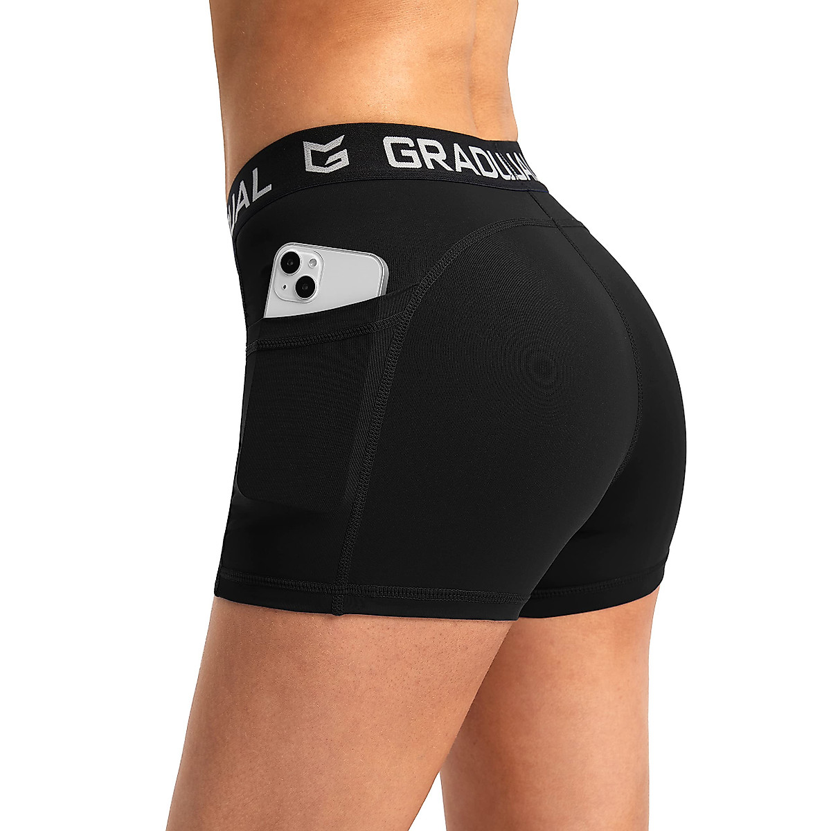 G Gradual Women's Spandex Compression Volleyball Shorts 3" /7" Workout Pro Shorts for Women (Black/Navy/Charcoal Pockets, Medium)