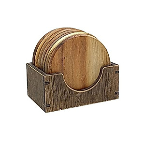 Acacia Wood Drink Coasters with Rustic Holder, 3.68 Inch Round Wooden Coasters,8 Pieces Cup Coasters Set