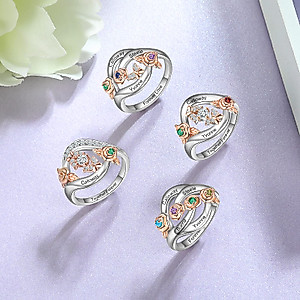 LanM Mothers Day Gifts Mothers Rings with 3 Birthstones Rose Ring Personalized Sterling Silver Custom Mom Ring with Name Gift for Wife Grandmother Family