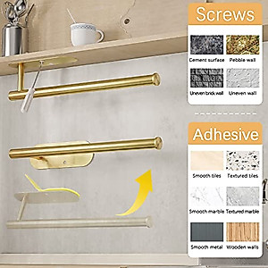 Youdian Gold Paper Towel Holder Under Cabinet,Under Counter Paper Towel Holder Wall Mount for Kitchen Bathroom Organization Storage,Adhesive and Screws,Stainless Steel,13 inch with 5 Hooks