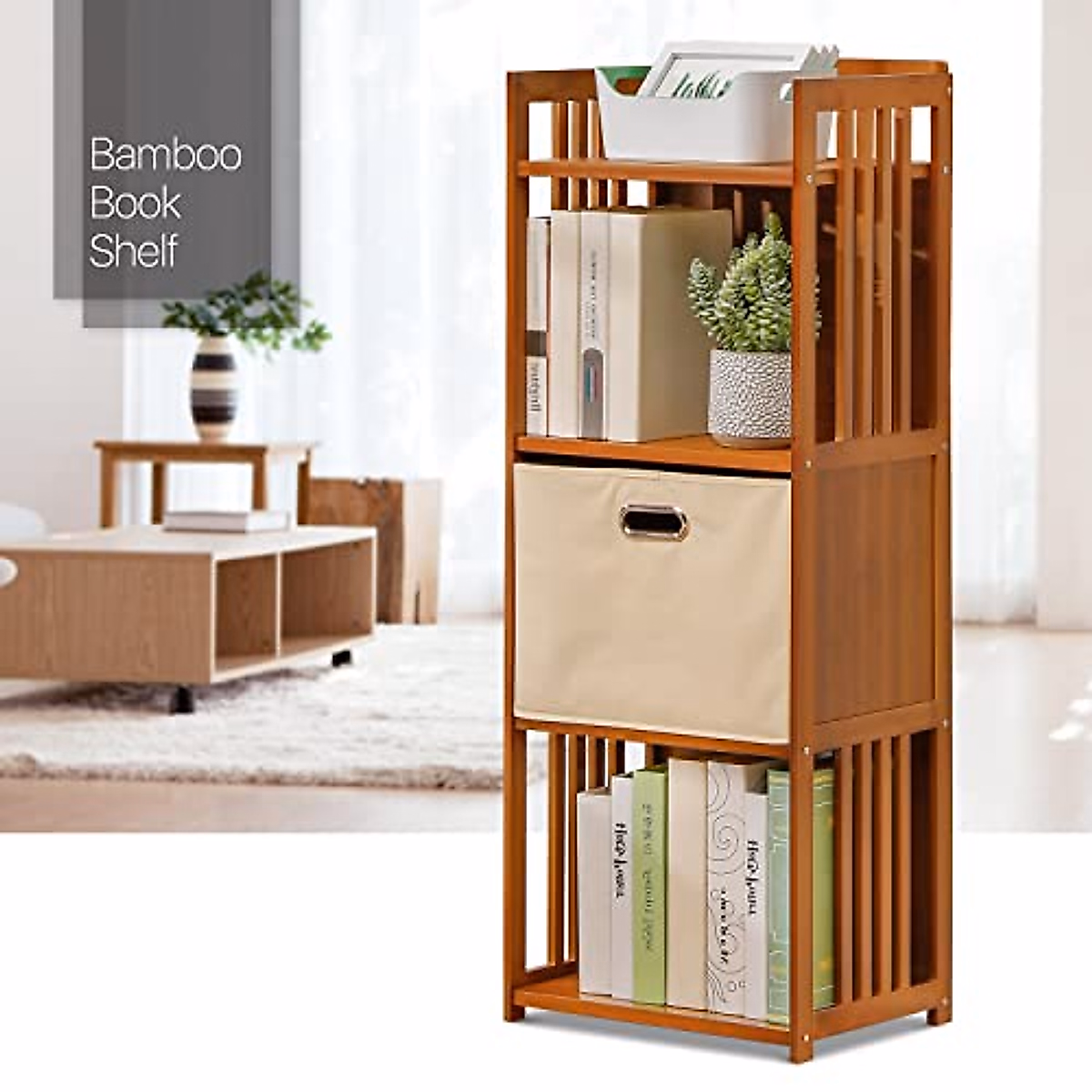 MoNiBloom 4 Tier Bookcase with Removable Storage Box, Bamboo Freestanding Ventilated Bookshelf Display Shelf for Office Living Room Bedroom Kitchen, Brown
