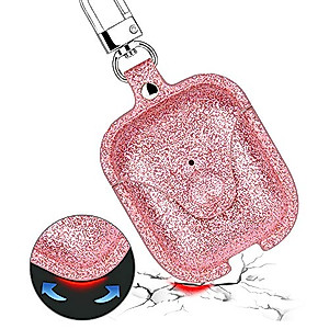 J&D AirPods 1 / AirPods 2 PU Leather Case Protective Cover, Sparkling Glittering Portable AirPods Case Cover with Durable Metal Keychain Compatible for AirPods 1, AirPods 2 Cases - Pink