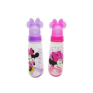 Disney Cudlie Minnie Mouse Baby Girl 2 Pack of 9 Oz Bottles with Removeable Character Molded Lid in Its Minnie Print