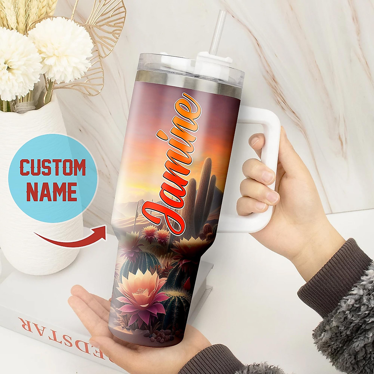 WAZONE Personalized Just A Girl Who Loves Cactus Tumbler 40oz with Handle and Straw Insulated Stainless Steel Tumblers Custom Coffee Cup Themed Gifts Holiday For Women Mothers Her Plant Lover
