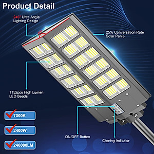 Jadisi 1-Pack Solar Parking Lot Lights,4800W Solar Street Light 240000LM Dusk to Dawn Street Lights Solar Powered, IP67 Waterproof Solar Wide Angle Lamp with Motion Sensor for Yard, Road