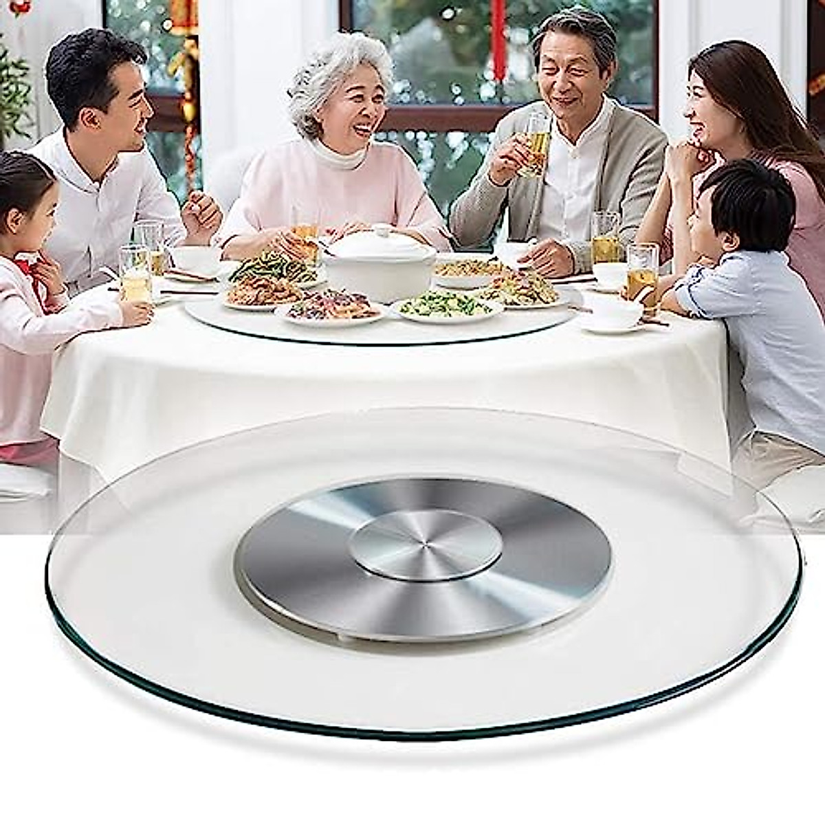 Yesbon Large Glass Lazy Susan Turntable Dining Table, Round Tempered Glass Turntable Swivel Tray Anti-tilt Spinning Dining Table Centerpiece, for Kitchen Dining, Parties,90cm
