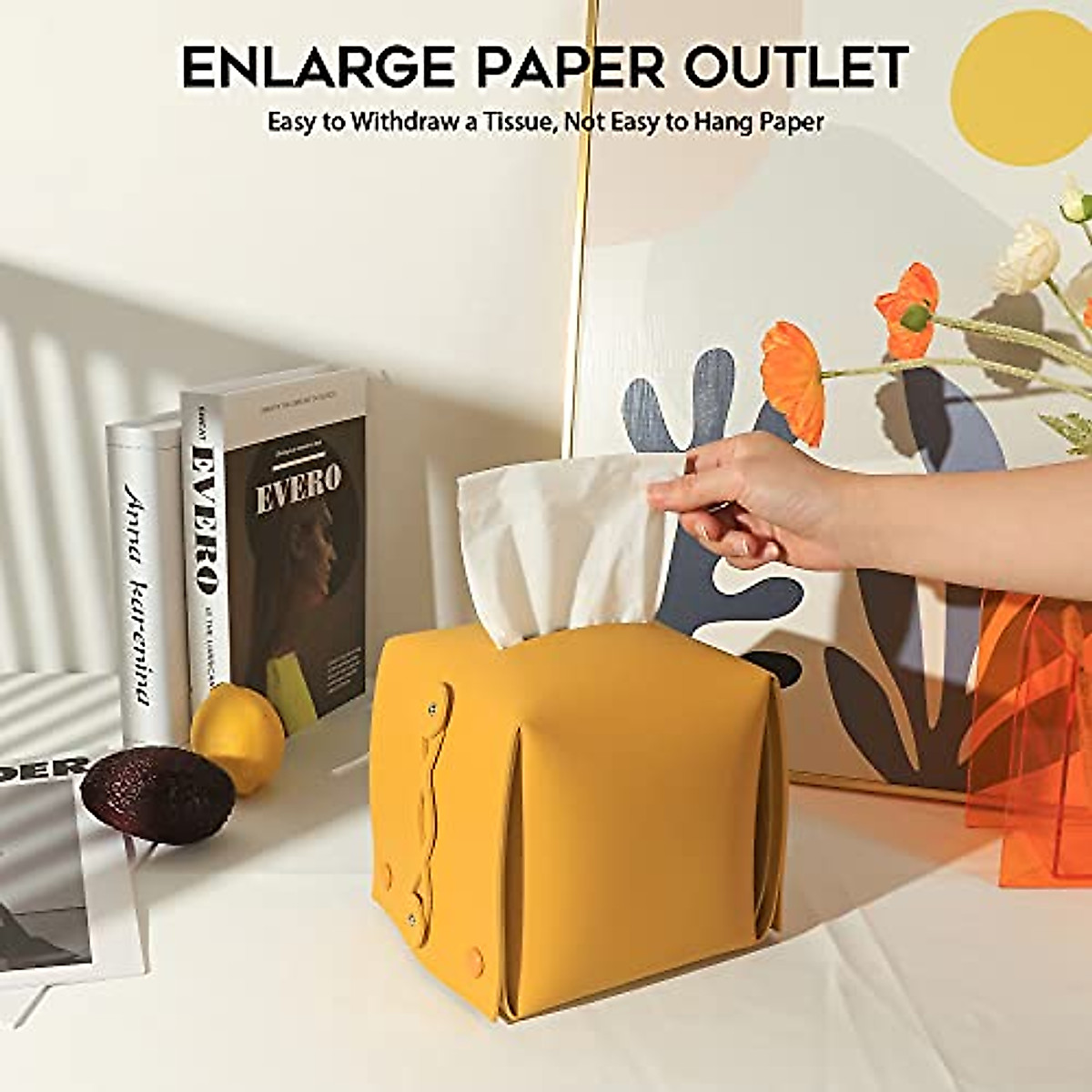 Kevancho Leather Tissue Box Cover Square, Tissue Box Holder Dispenser for Car, Home, Bathroom, Bedroom, Office, Night Stands, Desks and Tables (Yellow, Square)