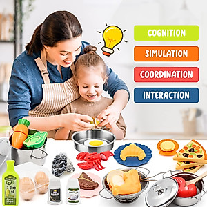 Kids Pretend Play Kitchen Accessories Set, 38Pcs Stainless Steel Play Pots Pans Sets for Kids, Toy Cookware Cooking Utensils Play Food Dish Toddler Kitchen Playset Gifts for Boys Girls