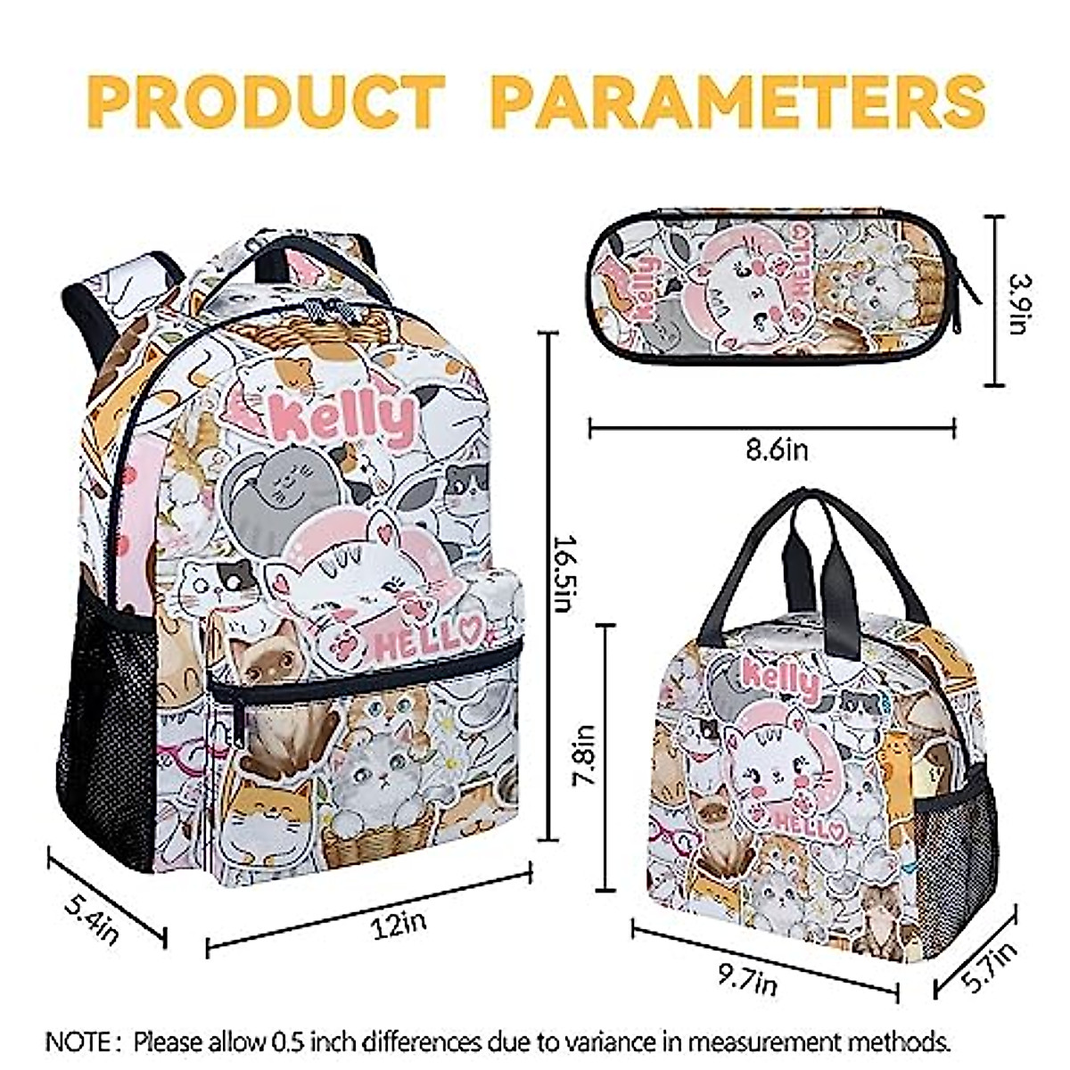 Homexzdiy Personalized Cat Backpack with Lunch Box Set for Girls Boys, Custom 3 in 1 School Backpacks Matching Combo, Cute Pink Bookbag and Pencil Case Bundle