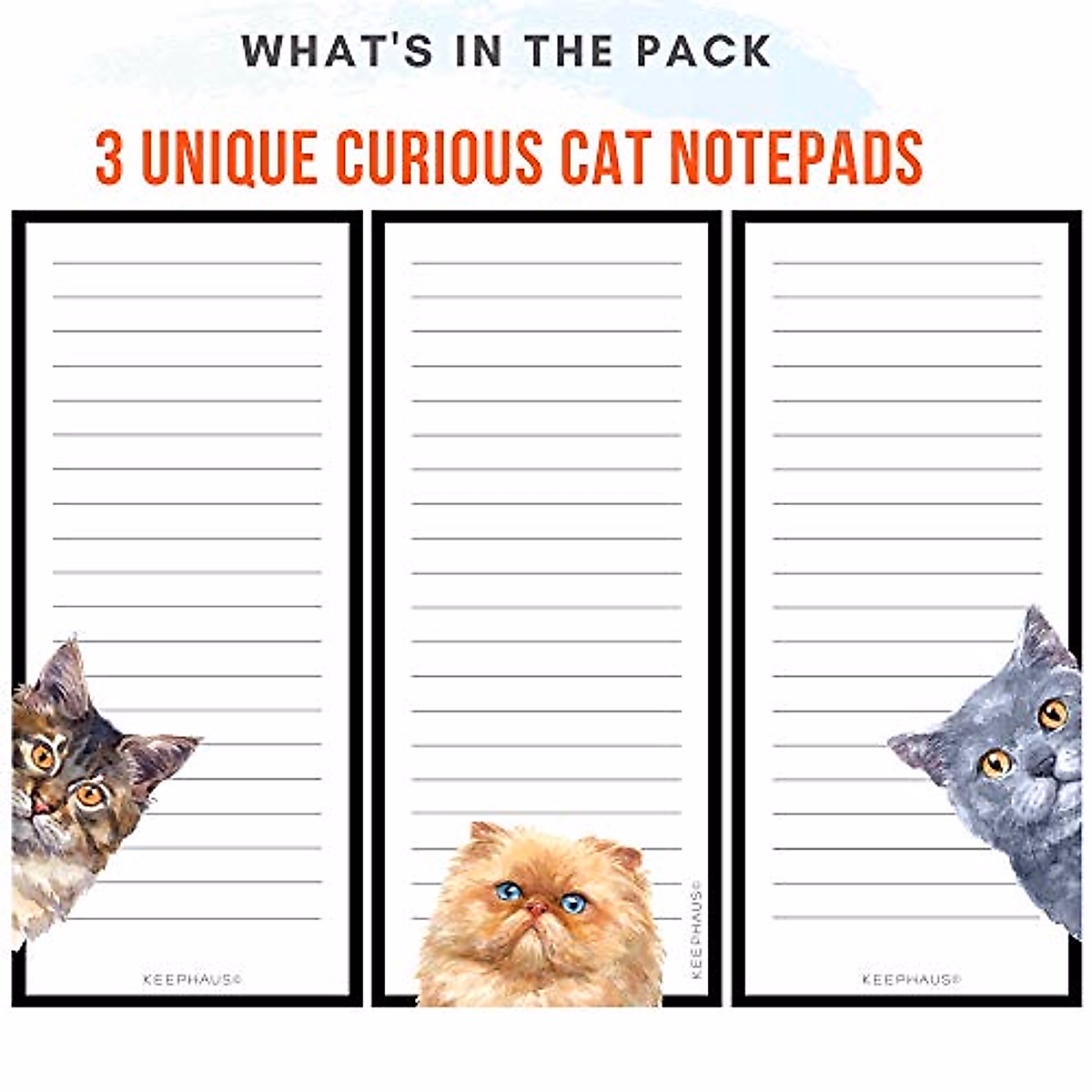 Curious Cats Magnetic To Do List Notepads (3 Pack); Grocery Shopping List Magnet Pad for Fridge; Magnetic Paper Pad for Reminders, Memo Pad and Scratch Pad; Cute Cat Designs | 50 Sheets per Note Pad