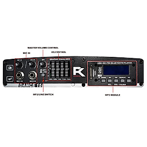 Proreck Dance 15 Portable 15-Inch 2000 Watt 2-Way Powered PA Speaker System Combo Set with Bluetooth/USB/SD Card Reader/FM Radio/Remote Control/LED Light