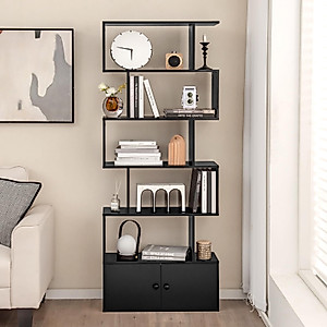 Giantex 6-Tier Bookshelf with Cabinet, Freestanding Tall Bookcase w/Anti-Tipping Device, Home Storage Organizer, Geometric S-Shaped Display Shelf for Study Room, Bedroom, Living Room, Office, Black
