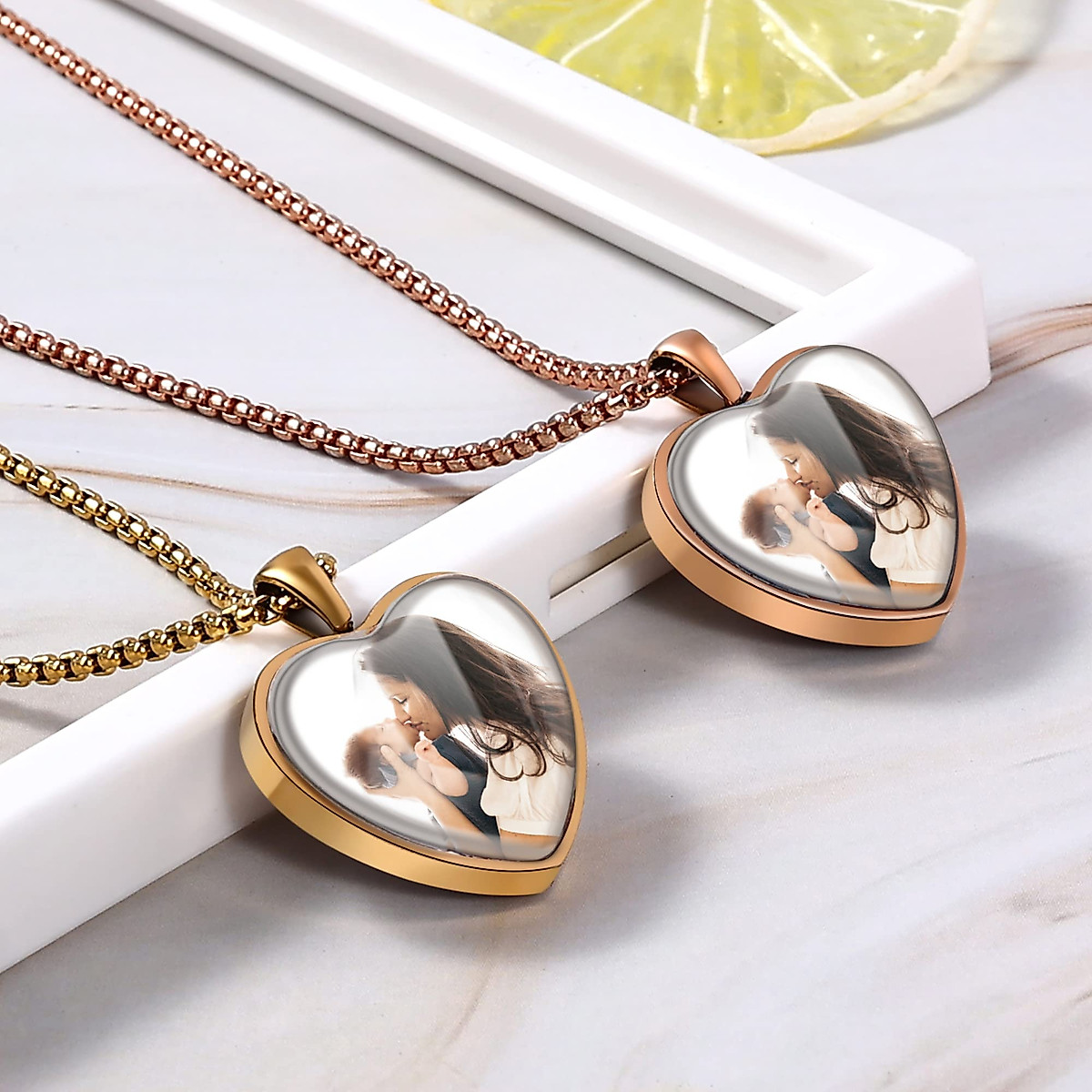 Fanery Sue Customized Double-side Picture Necklaces,Personalized Photo Necklaces for Women Men,Custom Photo Pendant with Memory Pictures -Meaningful Jewelry Gifts to Record Love (Golden Heart)