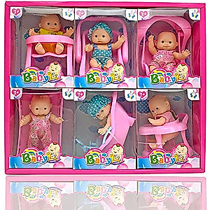 Liberty Imports 6 Pack: Mini Baby Newborn Dolls Collection - Includes Cradle, High Chair, Walker, Swing, Bathtub and Infant Seat, Pretend Toys Playset for Kids