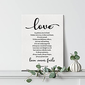 Bible Verse Art Wall Decor 1 Corinthians 13:4-8 Love Never Fails Scripture Canvas Painting Print for Home Living Room Decor Framed Artwork Christian Wedding Gifts(12x15 Inch)