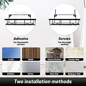 AJIJING 4 Pack Shower Caddy, Stainless Steel Black Shower Organizer Shelves with 8 Hooks and Soap Holder Adhesive Drilling Wall Mounted Bathroom Shower Storage Shelf for Inside Shower Toilet Kitchen Living Room