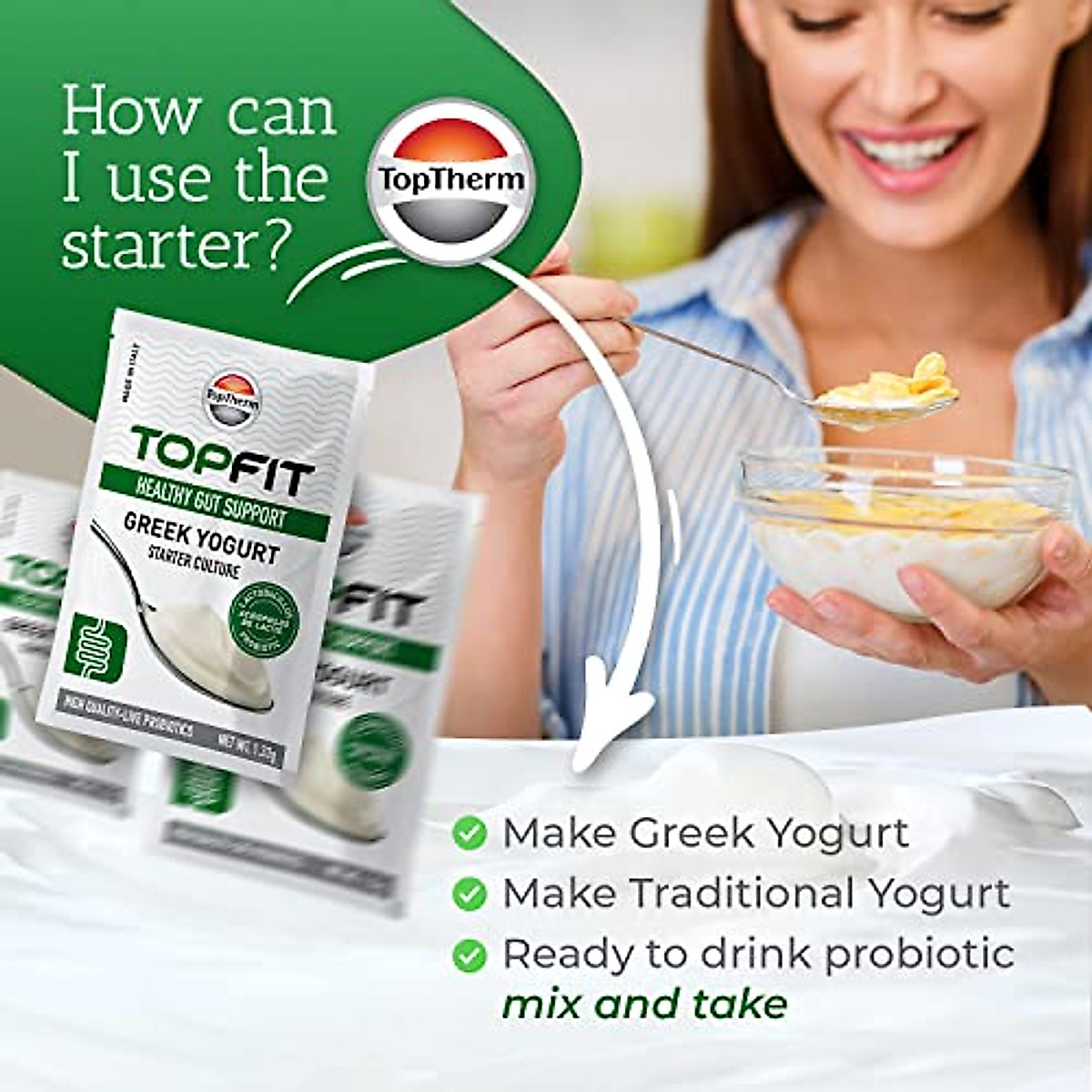 TopTherm Yogurt Starter |Gut Health Probiotic Yogurt Culture Support |DIY Homemade Plain or Greek Yogurt |Dairy Free Yogurt |Non-GMO |No Added Sugar |Works with Any Yogurt Maker - 2 Pack - Makes 2 Qts