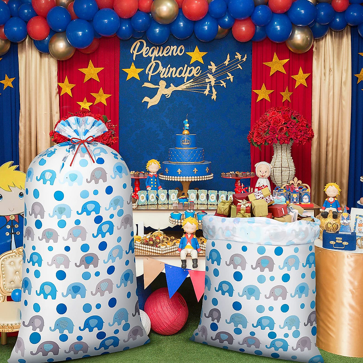 2 Pcs 70 Inches Jumbo Gift Bag Baby Shower Bags Large Oversized Plastic Gift Bags Large Gift Bag Extra Large Baby Shower Bags with Ropes for Parents Party Baby Shower Favors (Blue Elephant Polka Dot)