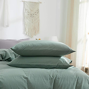 TanNicoor 100% Washed Cotton Duvet Cover Queen Size (90x90 Inch), 3 Pieces (1 Sage Green Duvet Cover + 2 Pillowcases) Soft, Cooling, Breathable Comforter Cover Set with Buttons Closure, Corner Ties