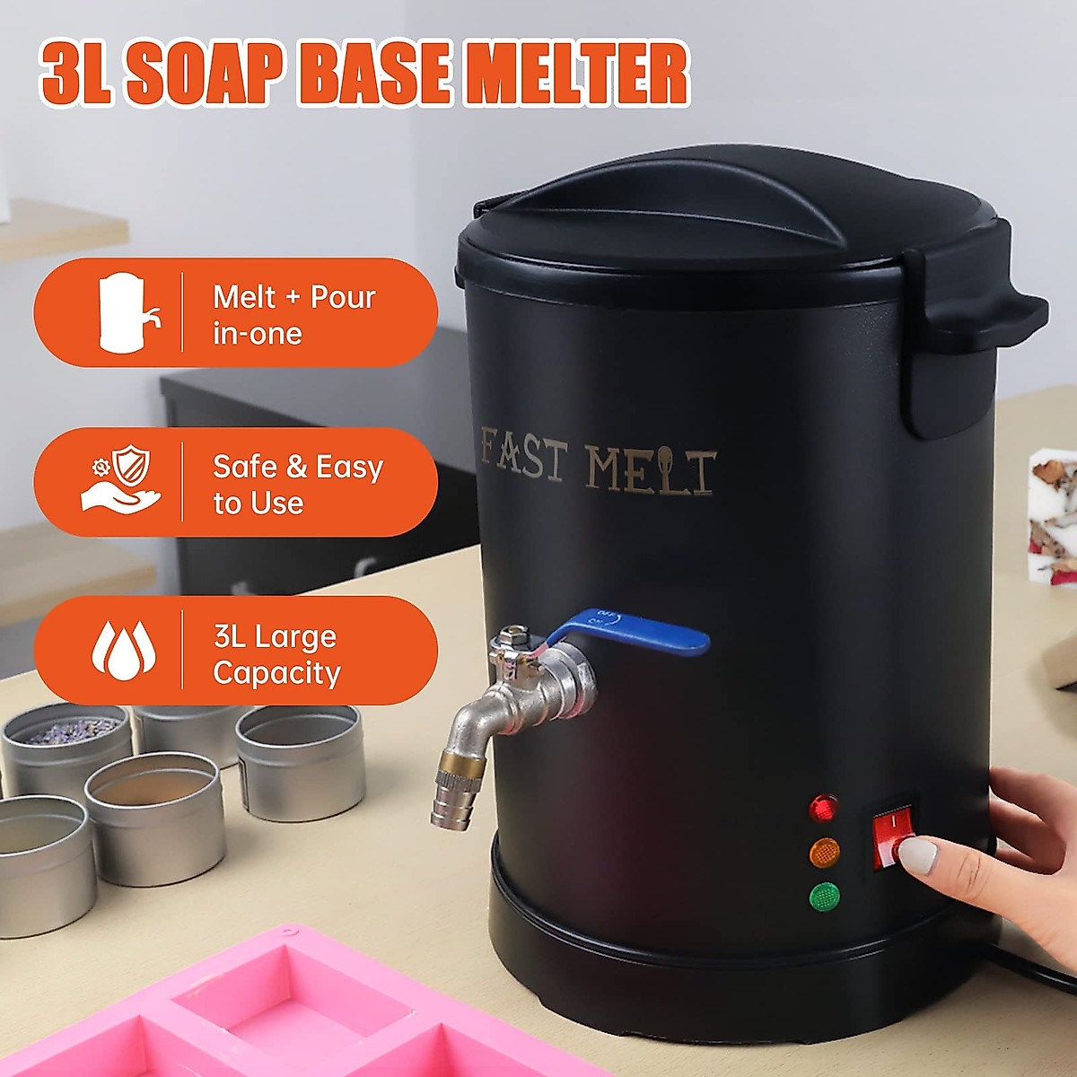 FAST MELT 3L Soap Base Melter - Soap Making Kit with Constant Temperature Control Melter, Quick Pour Spout, Ideal for Homemade Soap Business Fast Loading Easy Clean