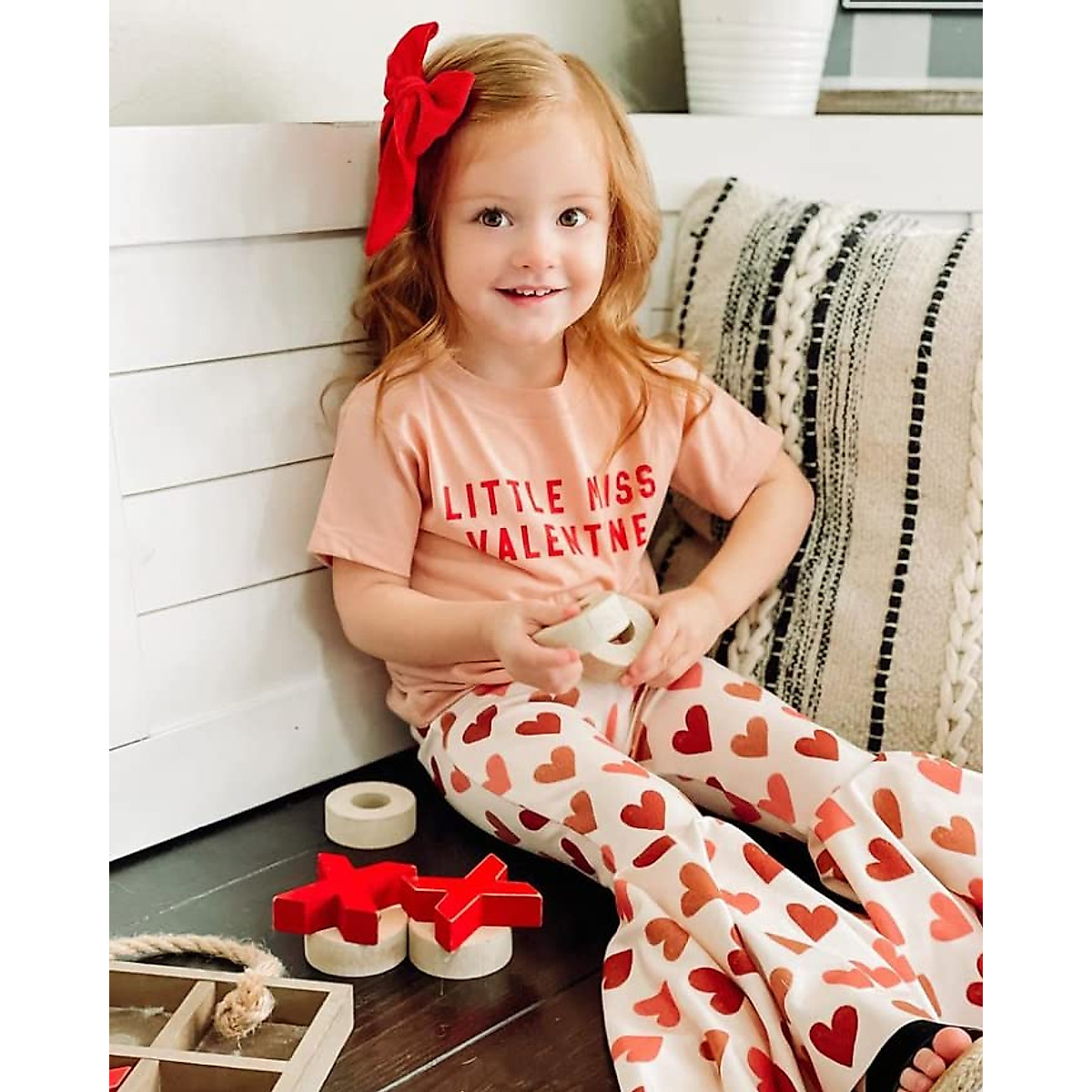 FYBITBO Toddler Baby Girl Valentines Day Outfit Little Miss Short Sleeve Tee Shirt Top Heart Bell Pants Spring Clothes (Heart print pink,6-12 Months)