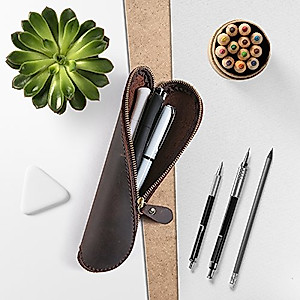 Genuine Leather Pencil Pouch Pen Holder Cosmetic Bag Lipstick Organizer Travel Makeup Case Full Grain Leather L7.9'' x W2'' (Brown)