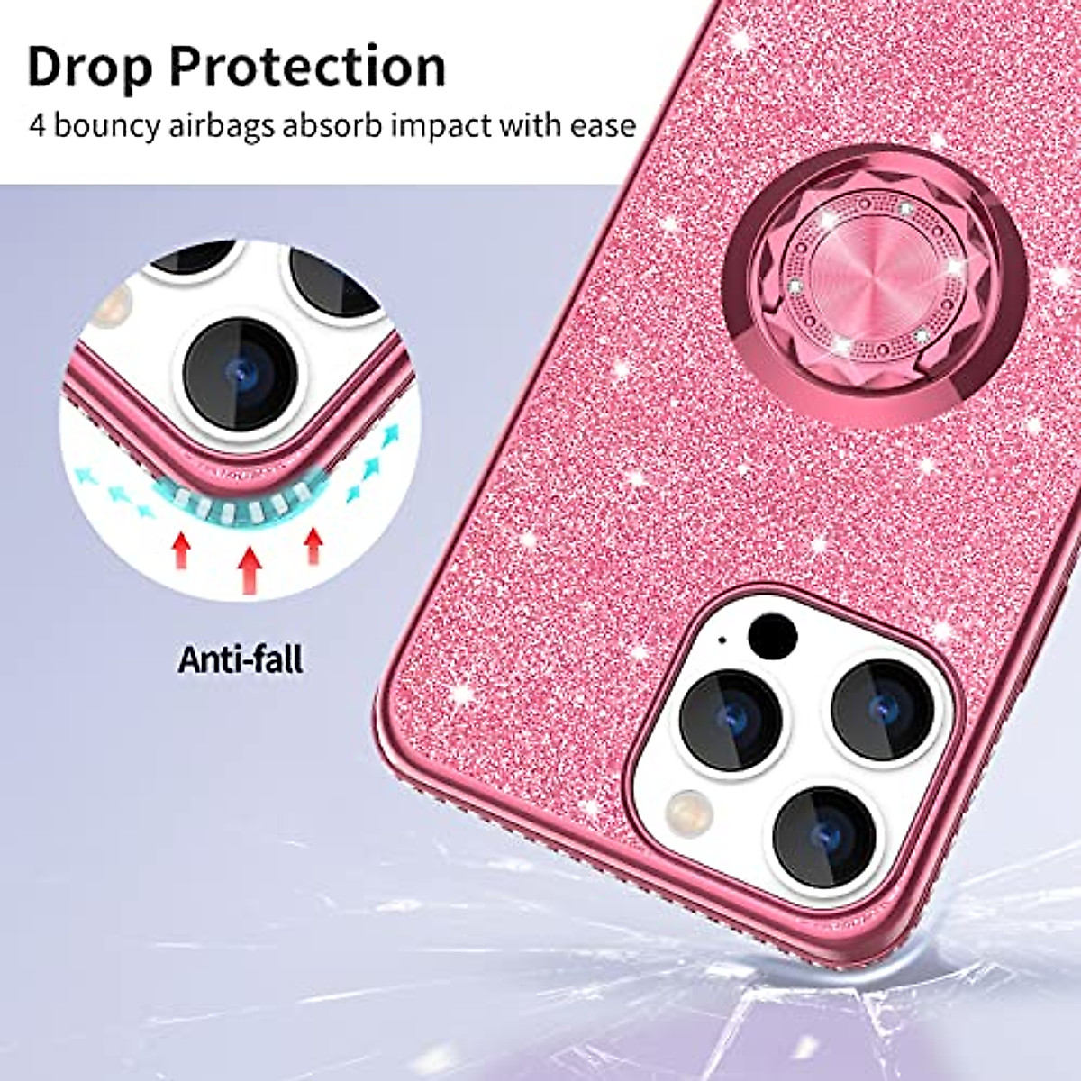OCYCLONE iPhone 14 Pro Max 6.7" Glitter Diamond Case with Ring Stand - Pink, Women's Protective Cover