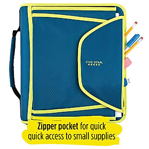 Five Star® Zipper 3-Ring Binder With Expanding File, 2" Round Rings, Teal/Chartreuse