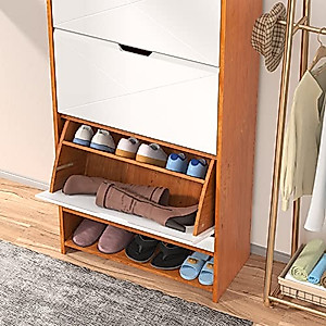 GLS Shoe Storage Cabinet Wood with Doors and Shelves,Shoe Storage Rack Organizer with 4 Fold Out Drawers for Bedroom & Mudroom & Entryway