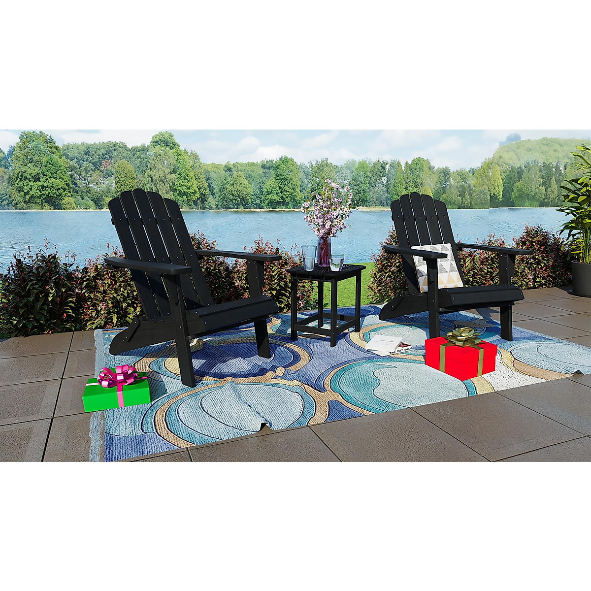 PolyTEAK Folding Adirondack Chair Set of 4, Premium Weather Resistant Poly Lumber, Outdoor Patio Furniture, Up to 300 lbs, Plastic Adirondack Chairs for Garden Fire Pit, Classic Collection - Black