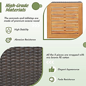 Tangkula 5 Piece Patio Furniture Set, Patiojoy Outdoor Conversation Set w/Seat & Back Cushions, Coffee Table & 2 Ottomans, Acacia Wood Tabletop & Armrests, Wicker Sofa Set for Backyard, Poolside