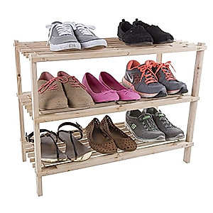 Wood Shoe Rack, Storage Bench – Closet, Bathroom, Kitchen, Entry Organizer, 3-Tier Space Saver Shoe Rack by Lavish Home,Light Woodgrain