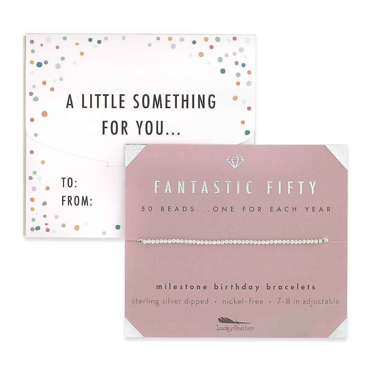 Lucky Feather 50th Birthday Gifts for Women Turning 50 - Sterling Silver Dipped Beads Bracelet on Adjustable Cord, 50th Birthday Jewelry Gift Ideas for 50 Year Old Woman