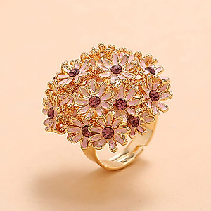 Exquisite Daisy Flower Statement Ring for Women Gold Plated Pink Cubic Zirconia Open Band Wrap Expandable Adjustable Big Finger Rings Comfort Fit Indian Style Exaggerated Mother's Day Jewelry