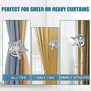 KOLAKO Curtain Tiebacks, Magnetic Curtain Holdbacks Silver Crystal Drapery Magnet Pearl Decorative Modern Curtain Buckle Starfish Metal Curtain Holders No Drill, Ties Backs for Curtains 4 Pack