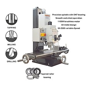 INTBUYING Milling Drilling Machine R8 Mini Benchtop Mill/Drill Machine 7"X27" Micro Milling Machine 1100W 20-2250rpm Variable Speed with Accessory R8 Tapper and Bench Clamp 110V