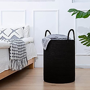 Goodpick Black Woven Rope Laundry Basket, Tall Modern Laundry Hamper for Clothes, Blankets, Toys, Towels, Pillows, Laundry Bin for Living Room, Bedroom, Entryway, 15 x 20 inches, 58L