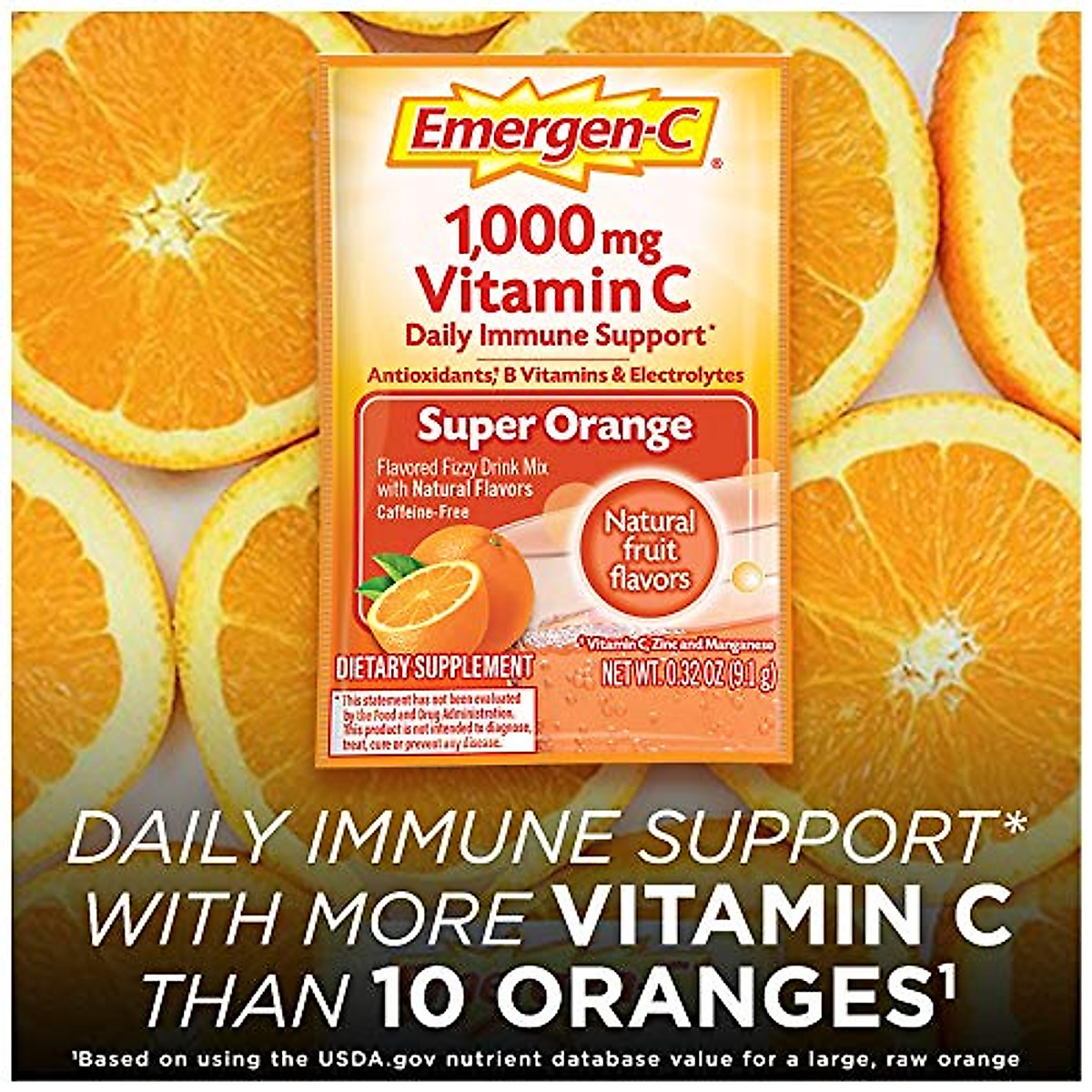 Emergen-C 1000mg Vitamin C Powder for Daily Immune Support Caffeine Free Vitamin C Supplements with Zinc and Manganese, B Vitamins and Electrolytes, Super Orange Flavor - 30 Count