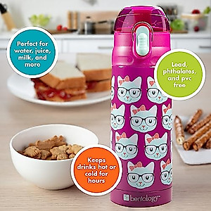 Bentology Stainless Steel 13 oz Kitty Insulated Water Bottle for Girls- Easy to Use for Kids - Reusable Spill Proof BPA-Free, Fits in Most Lunch Boxes & Bags, Use for Summer Camp, Back to School